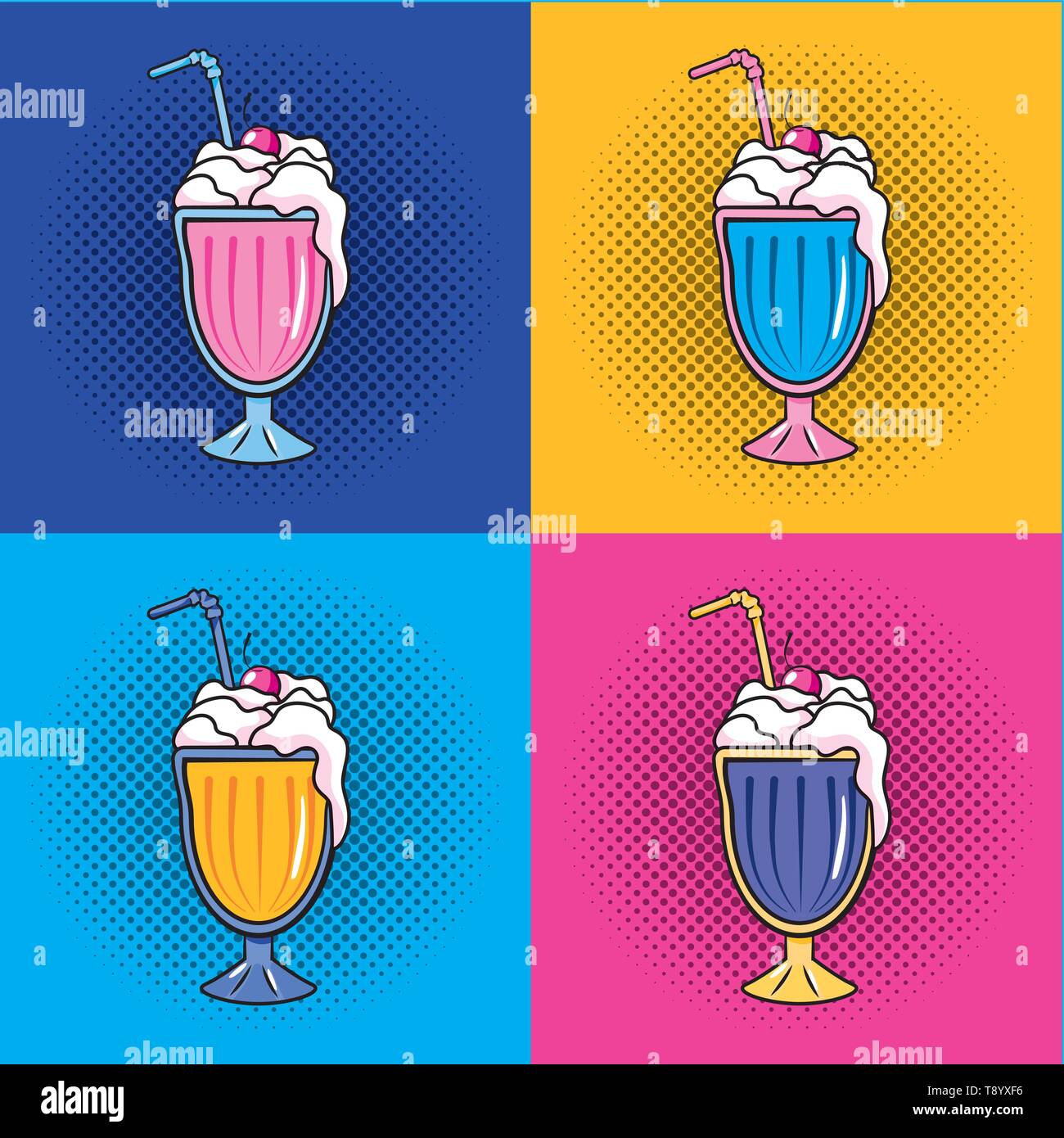 milkshake with cherry over dots background pop art comic cartoon vector ...