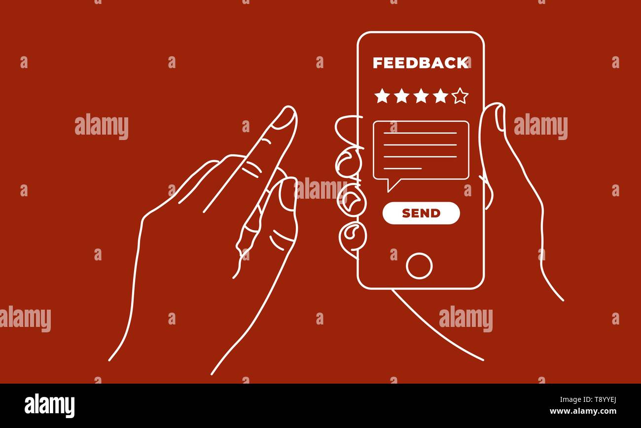 Hand holding and pointing to smartphone mobile with five star on screen ...