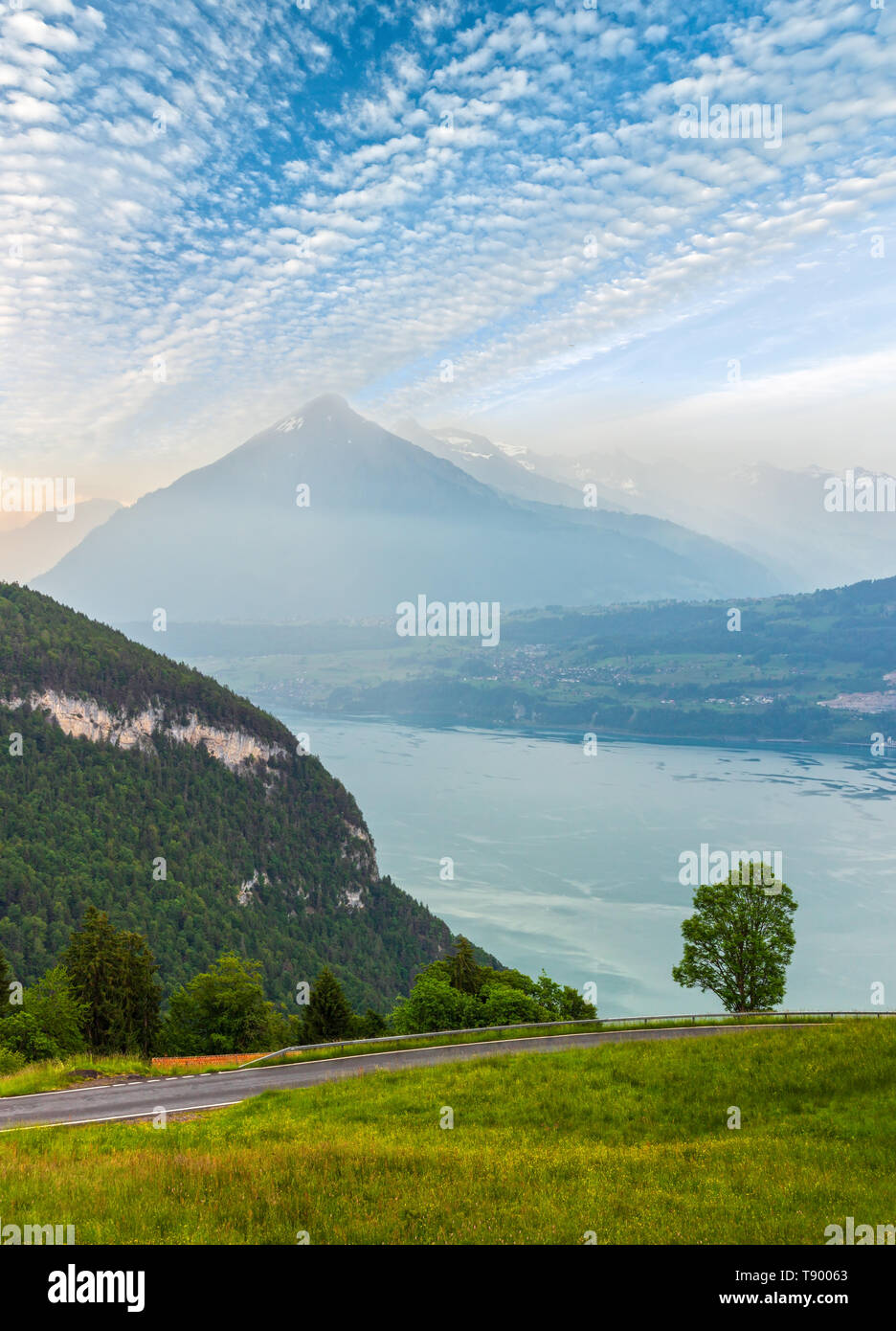 Lake Brienz or Brienzersee morning sunrise cloudy summer top view ...