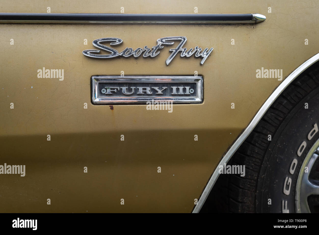 BERLIN - APRIL 27, 2019: Emblem of the full-size car Plymouth Sport ...