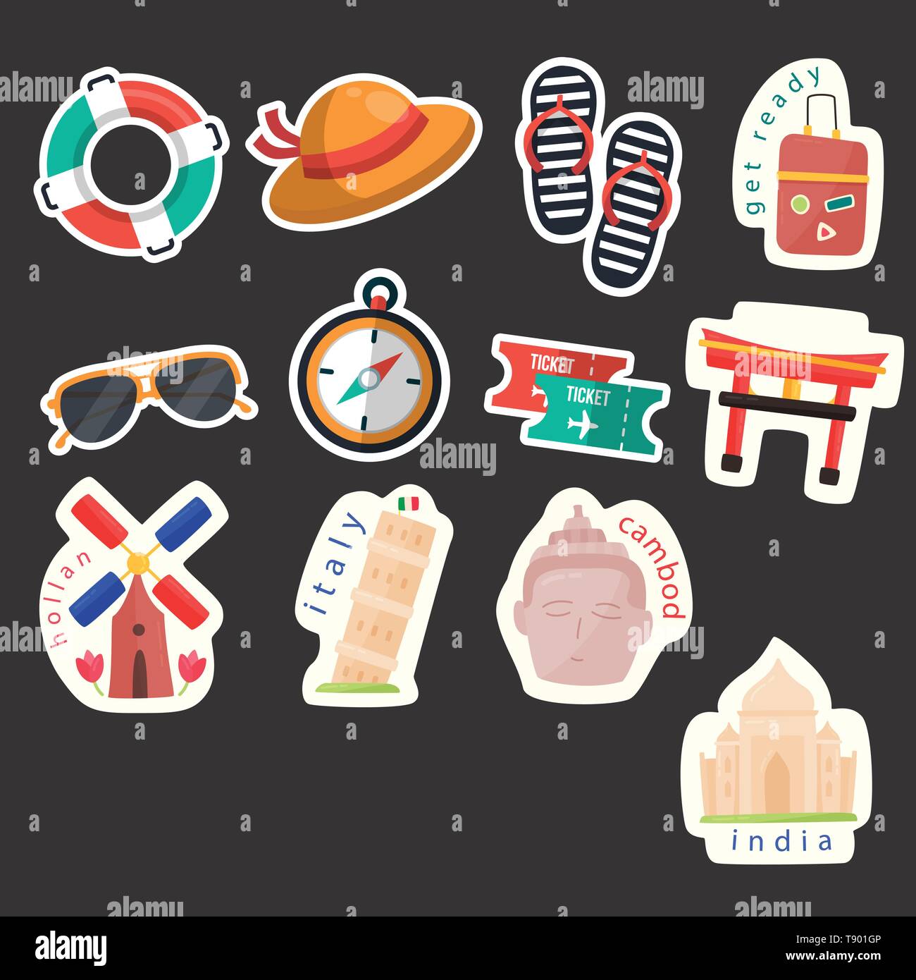 Vector travel sticker and label set with famous countries, cities ...