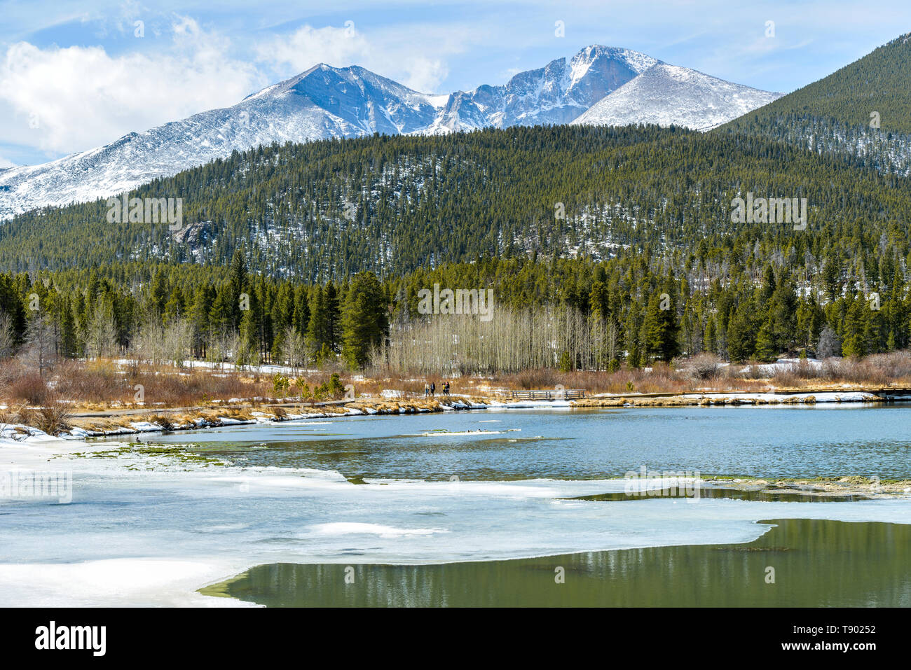 Lily Lake - Tourists hiking at shore of Spring icy Lily Lake, with Mt ...