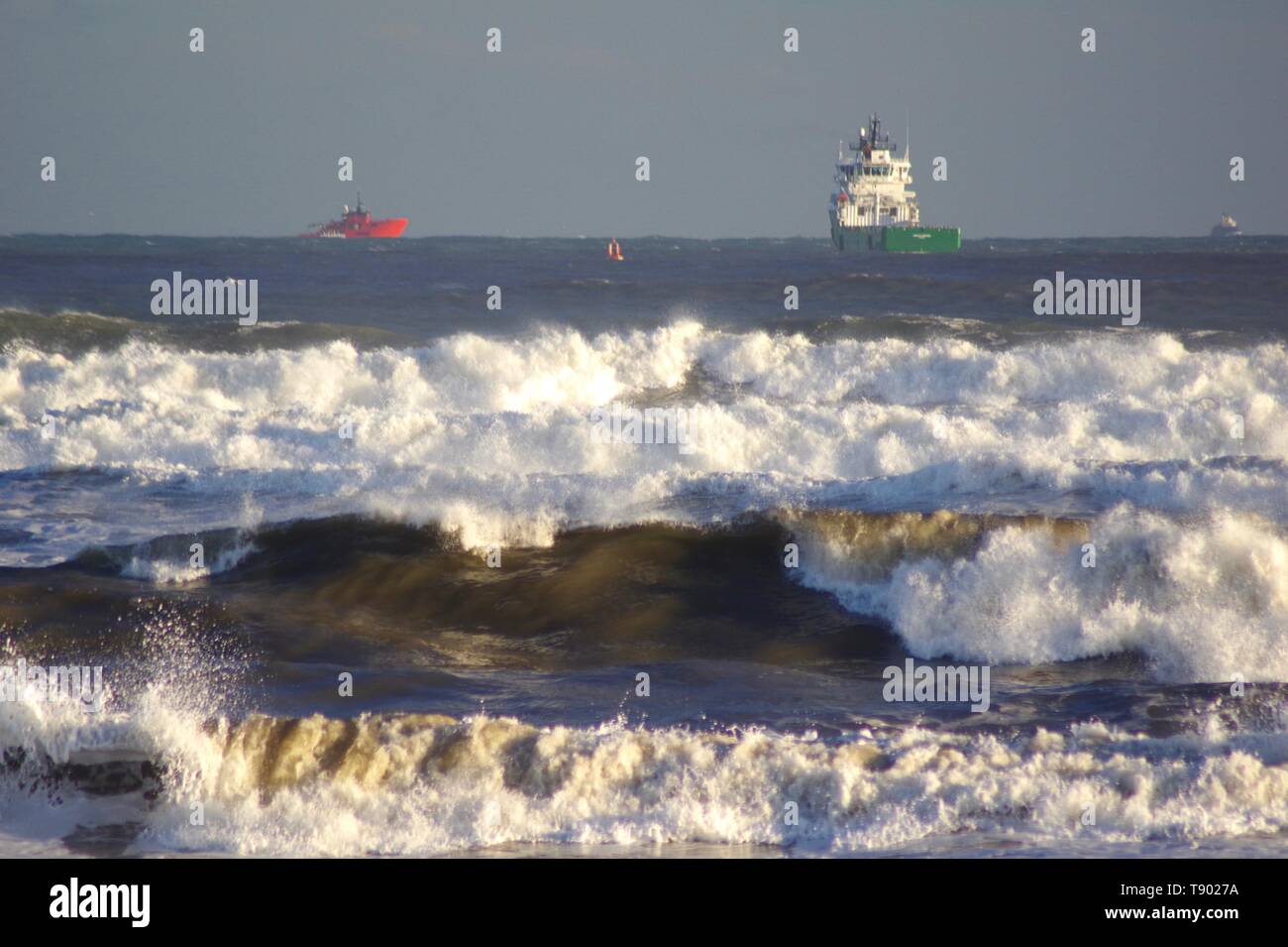 Ships on a Rough North Sea with Waves Breaking onto Aberdeen Beach ...