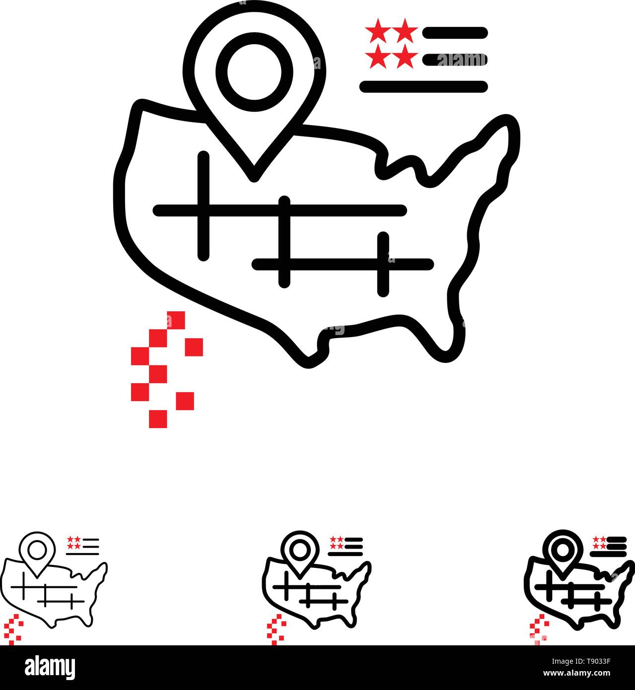 Location, Map, American Bold and thin black line icon set Stock Vector ...