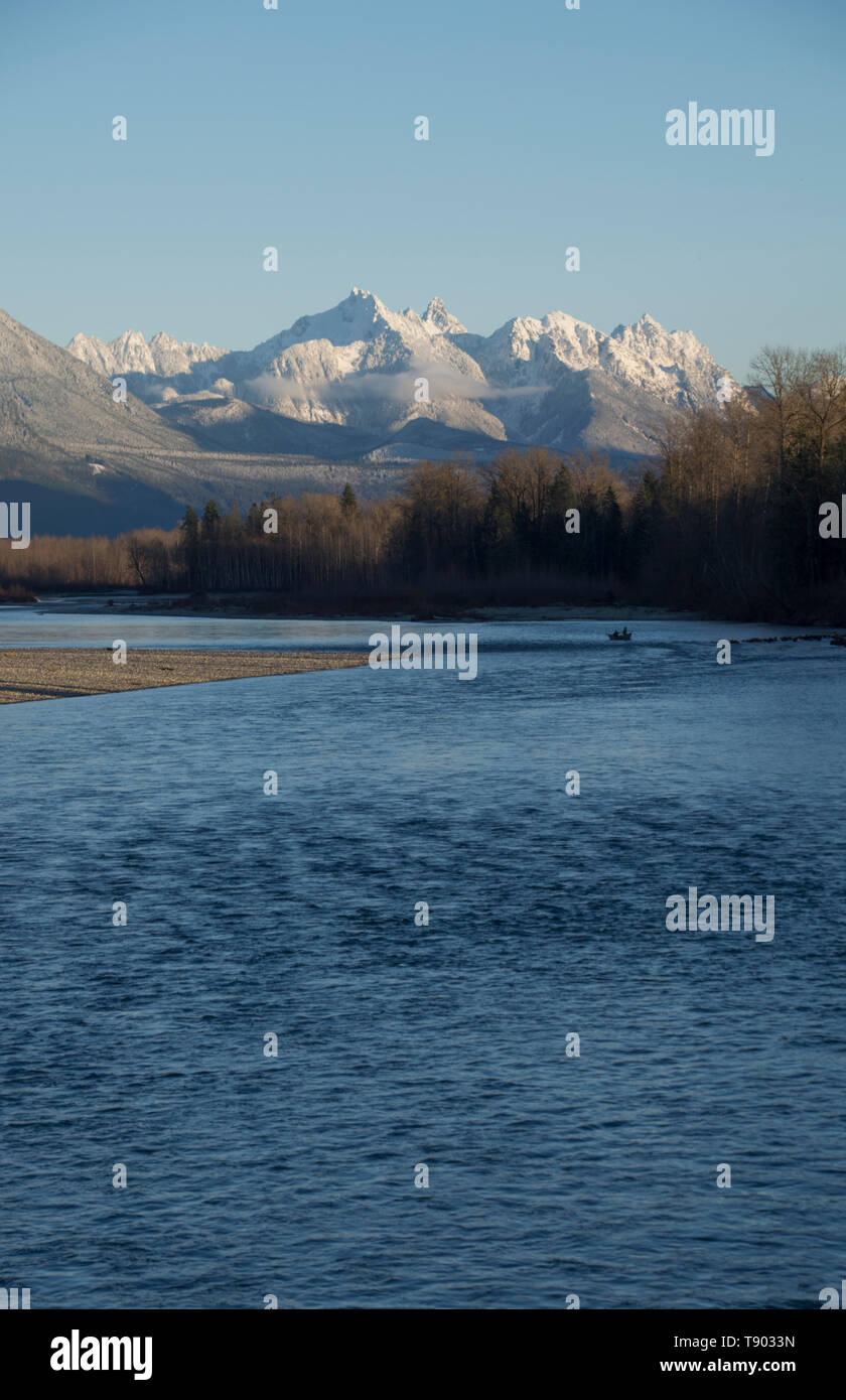 Cascade Mountains and Skykomish River viewed from bridge crossing the ...