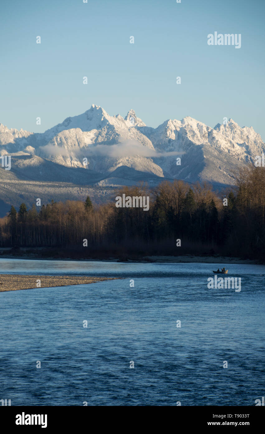 Cascade Mountains and Skykomish River viewed from bridge crossing the ...