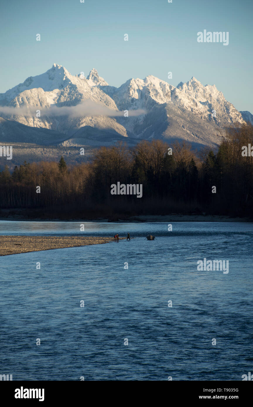 Cascade Mountains and Skykomish River viewed from bridge crossing the ...