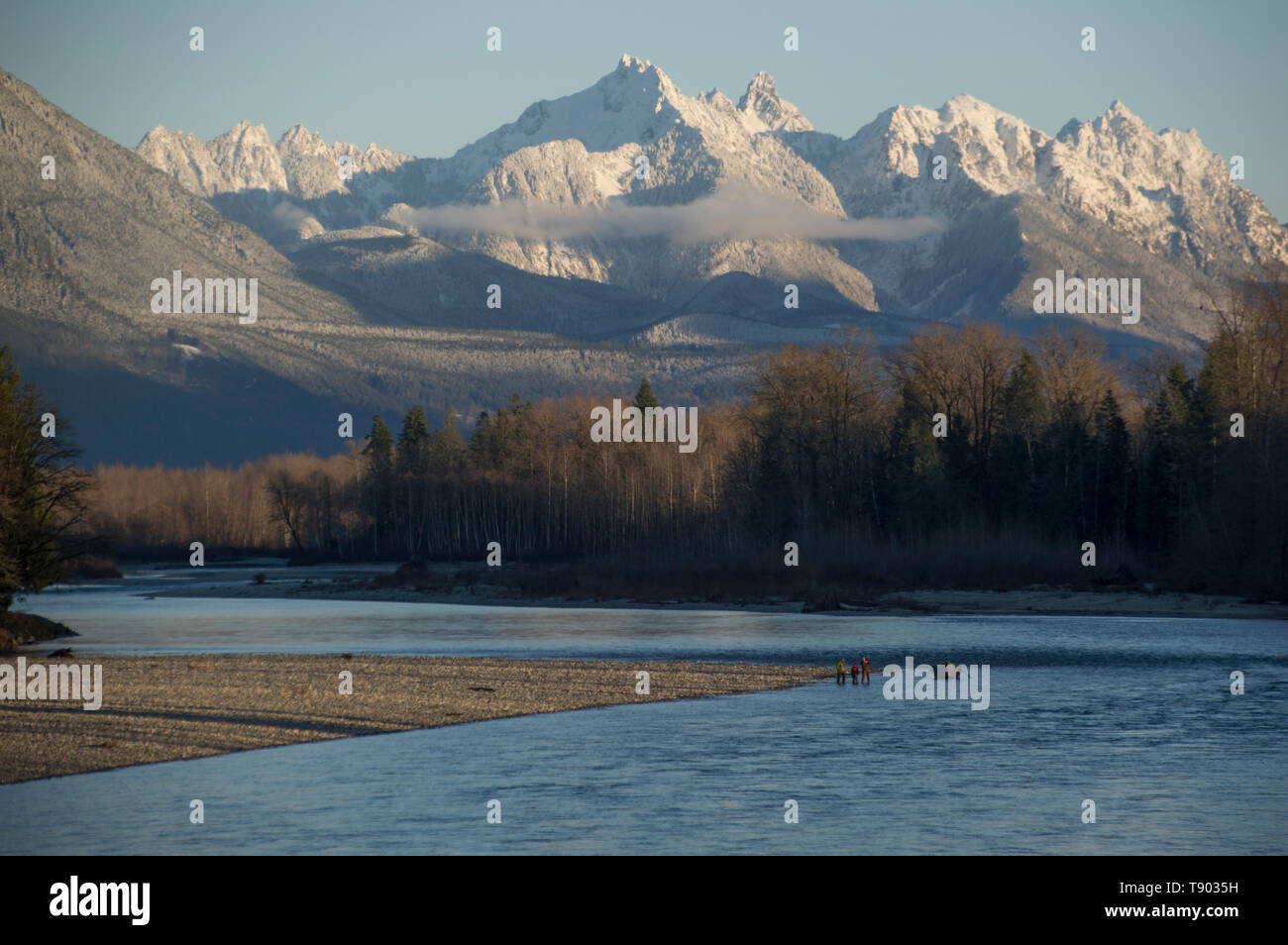 Cascade Mountains and Skykomish River viewed from bridge crossing the ...