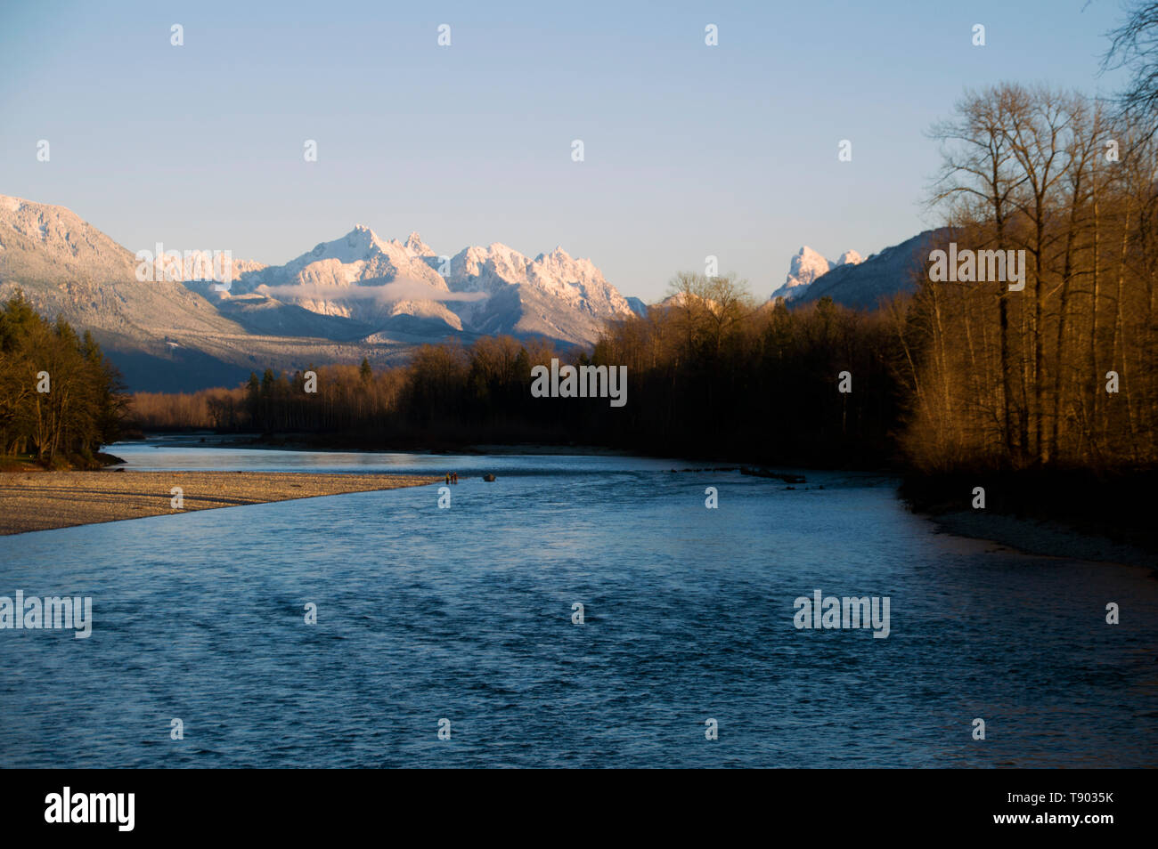 Cascade Mountains and Skykomish River viewed from bridge crossing the ...
