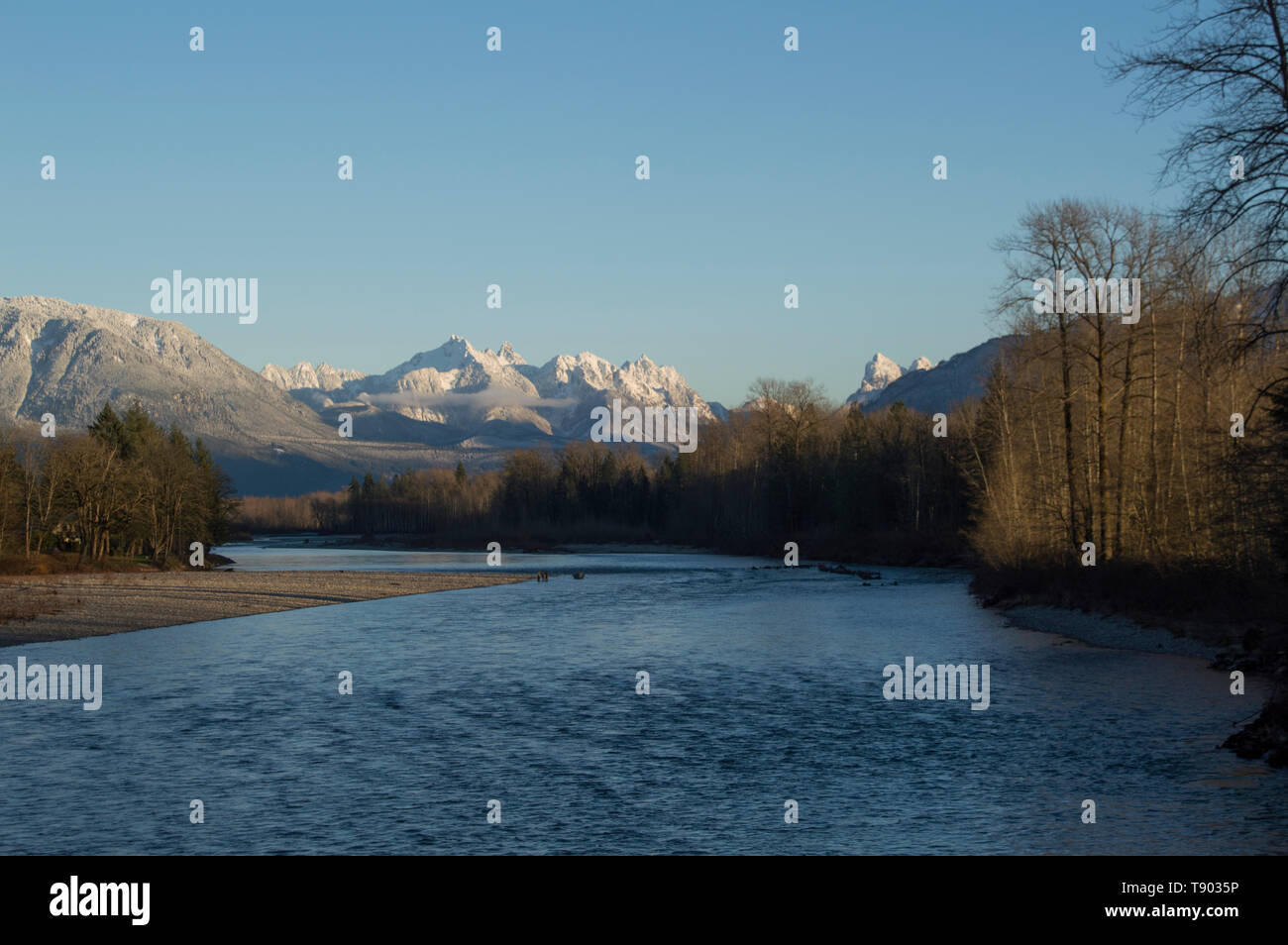 Cascade Mountains and Skykomish River viewed from bridge crossing the ...