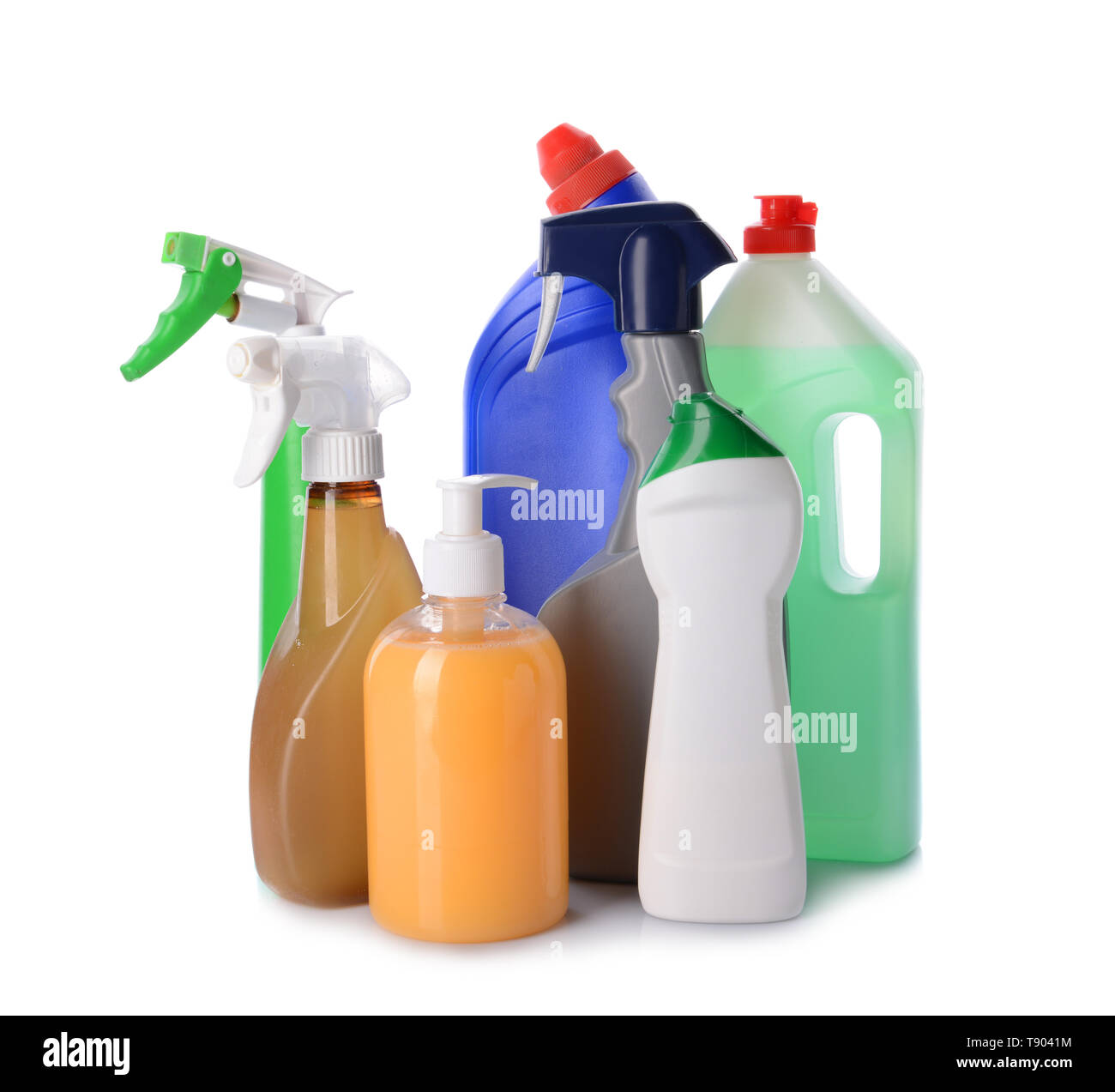 Bottles of detergents on white background Stock Photo - Alamy