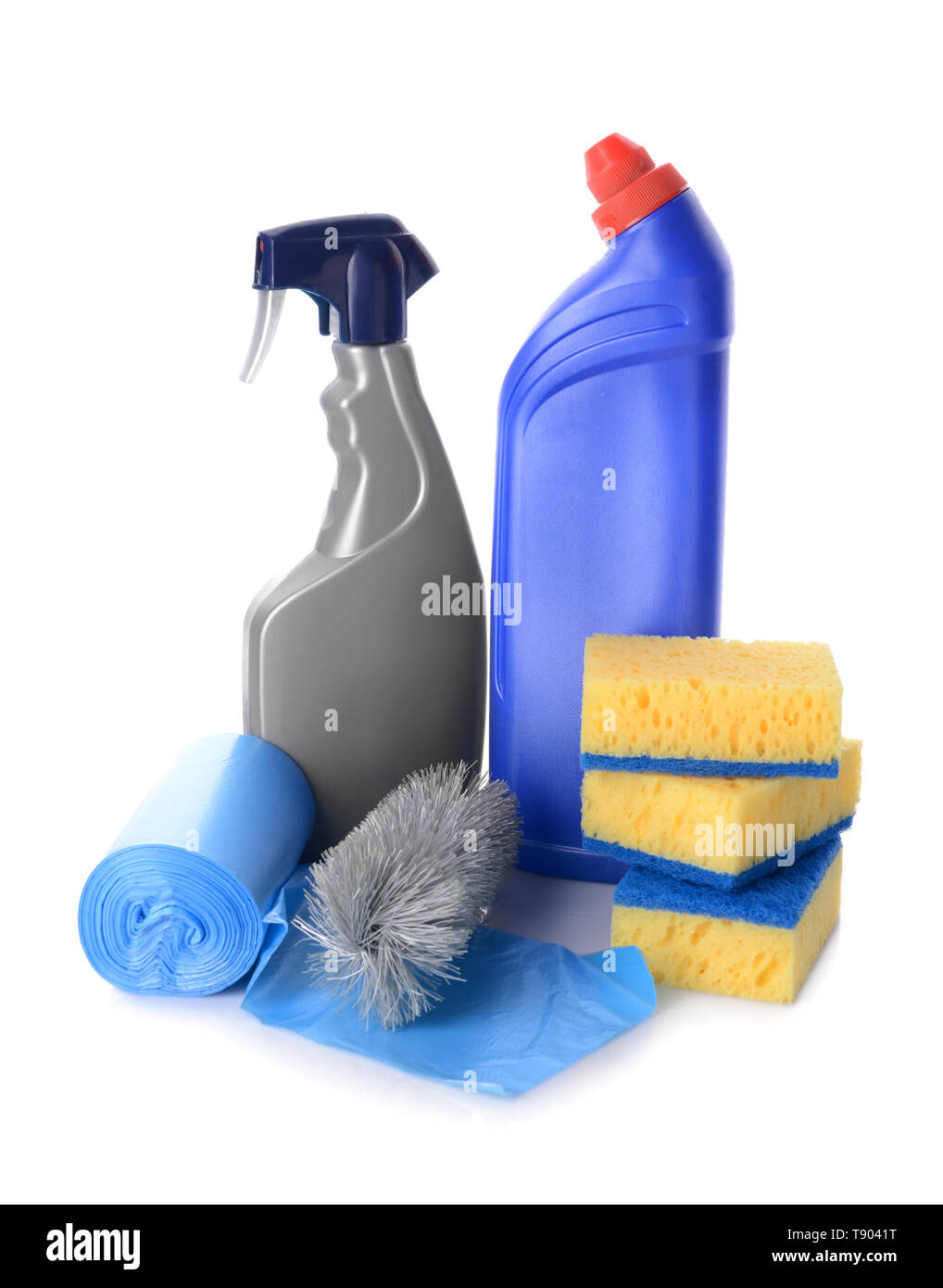 Cleaning supplies on white background Stock Photo - Alamy