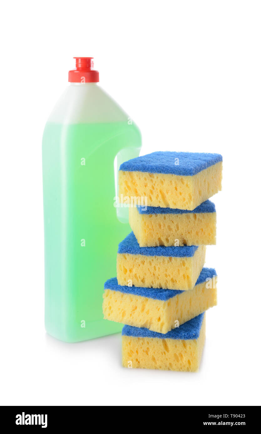 Bottle of detergent with cleaning sponges on white background Stock ...