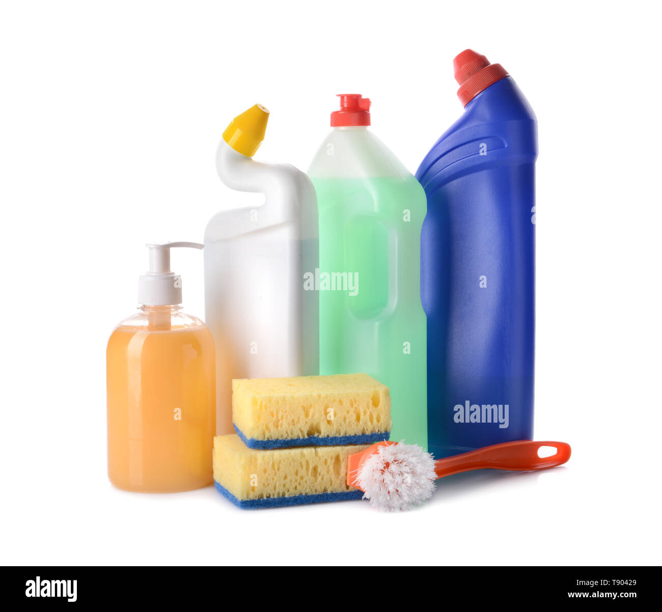 Cleaning supplies on white background Stock Photo - Alamy