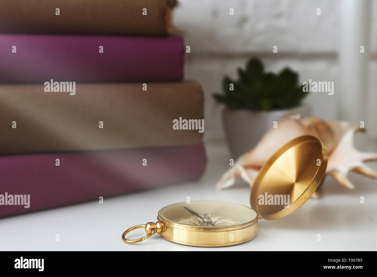 Compass on shelf near stack of books Stock Photo - Alamy