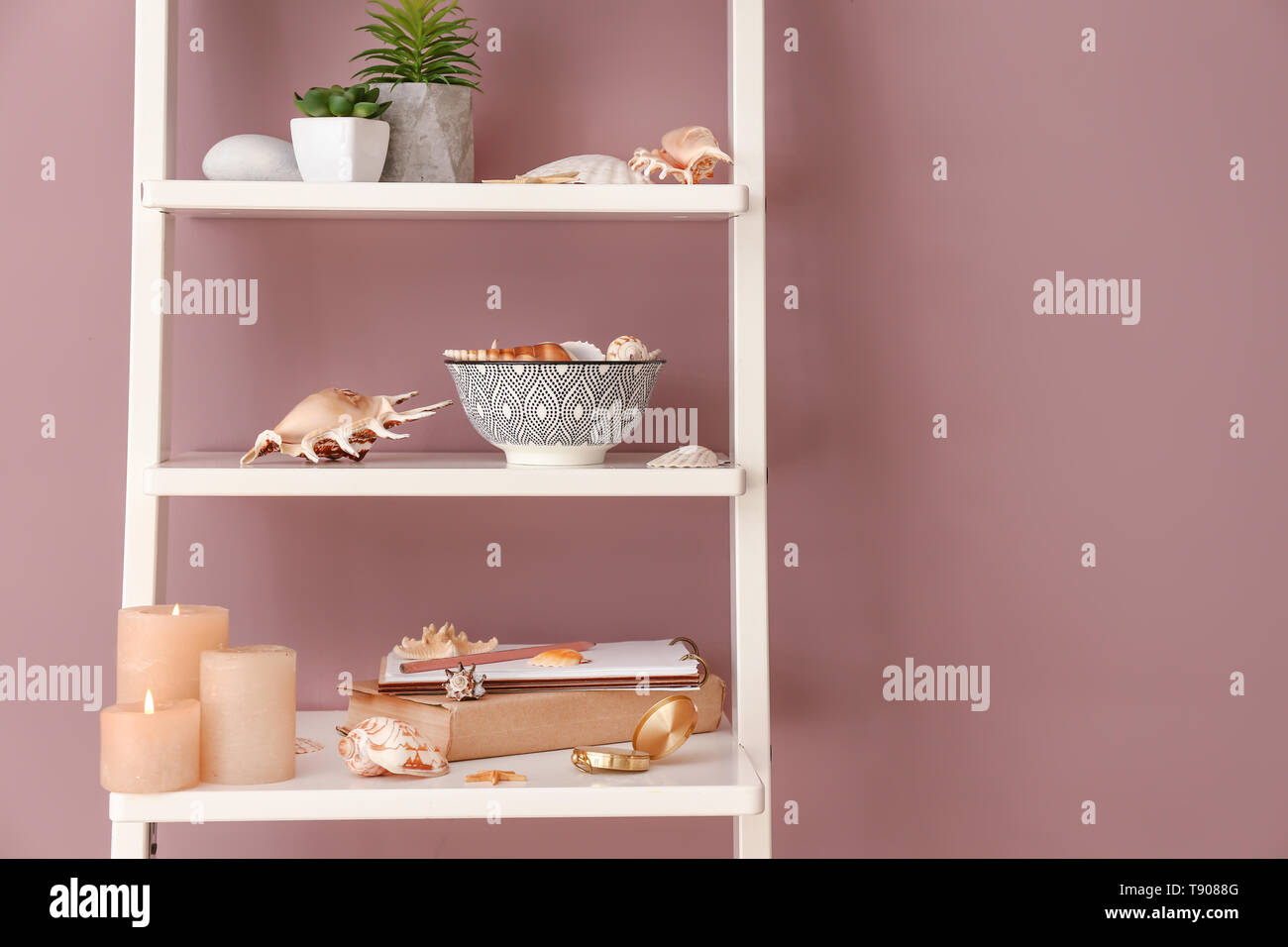 Shelving with sea shells, candles and other decorations near color wall ...