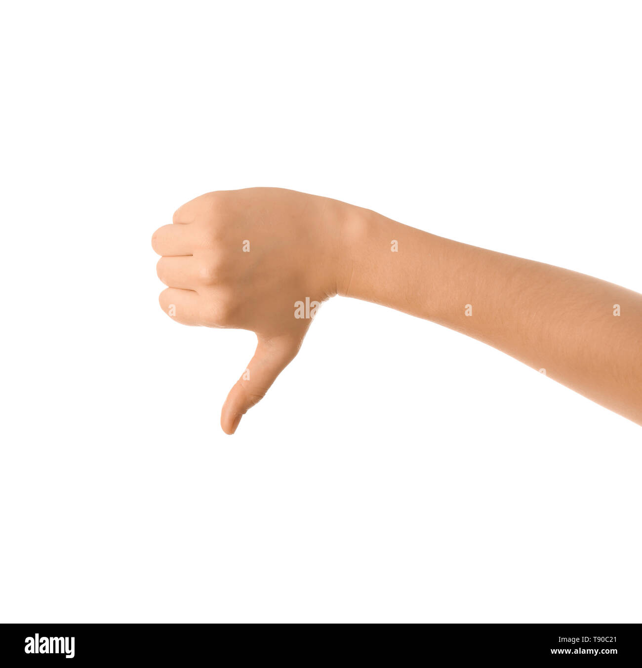 Female hand showing thumb-down gesture on white background Stock Photo ...