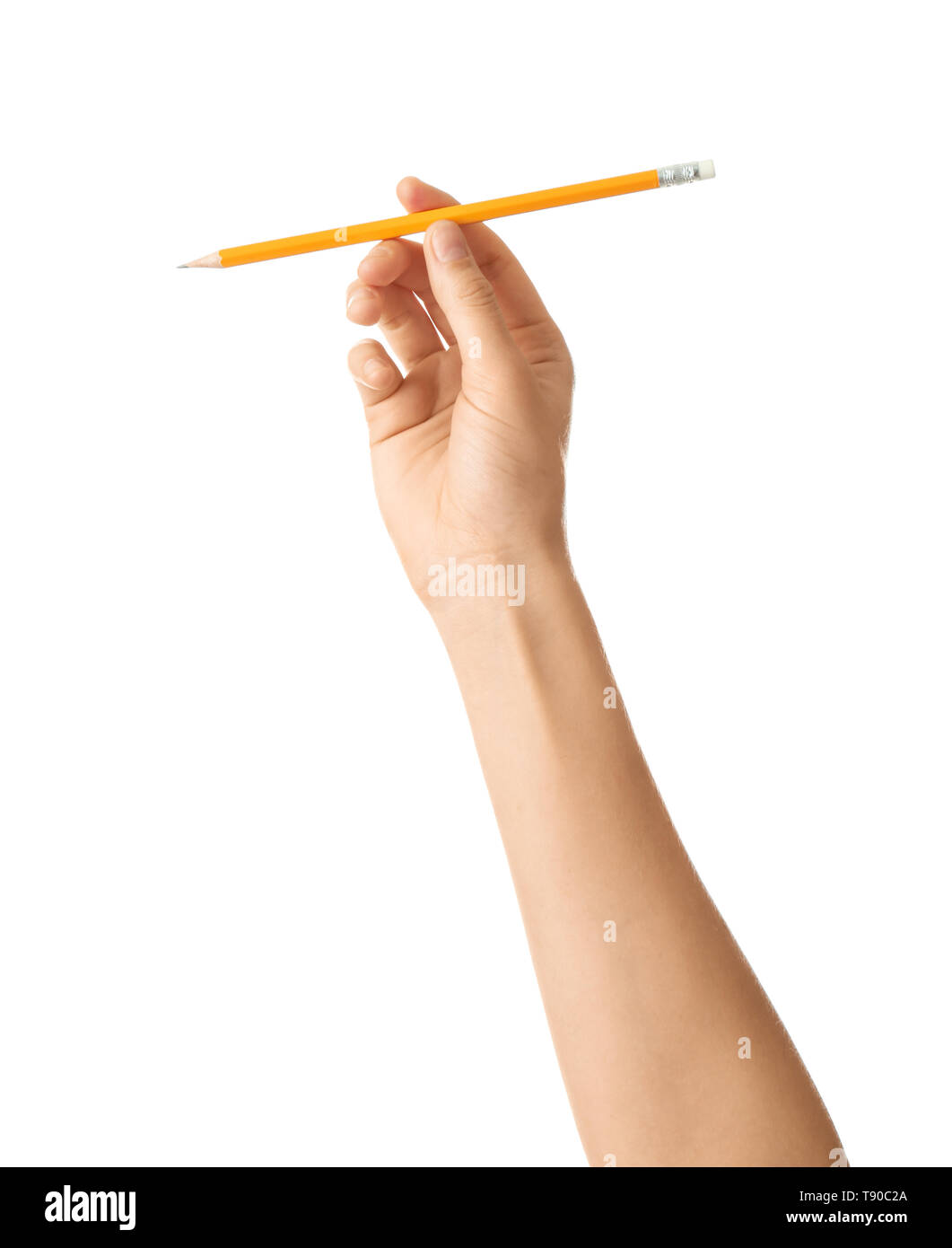 Female hand with pencil on white background Stock Photo - Alamy