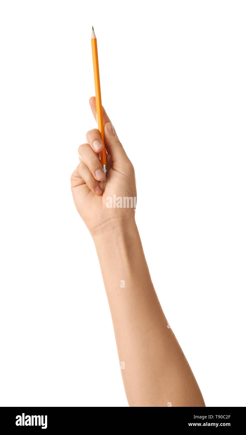 Female hand with pencil on white background Stock Photo - Alamy