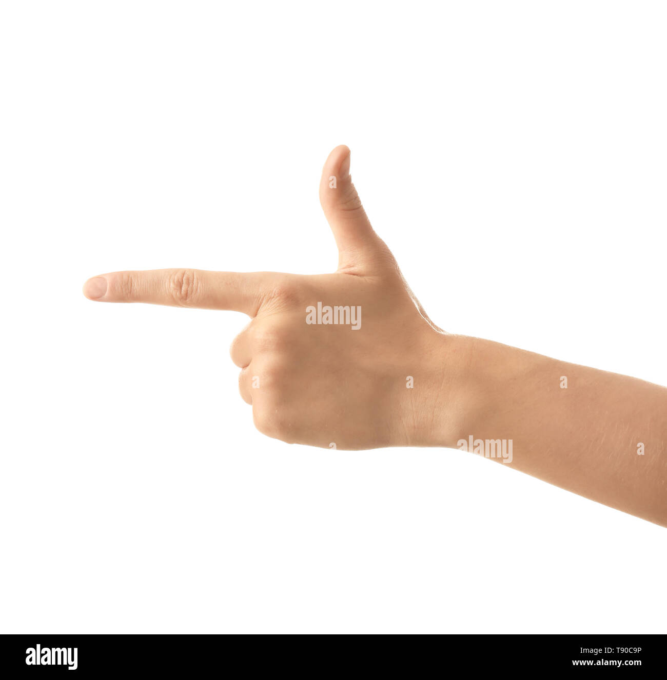 Female hand pointing at something on white background Stock Photo - Alamy