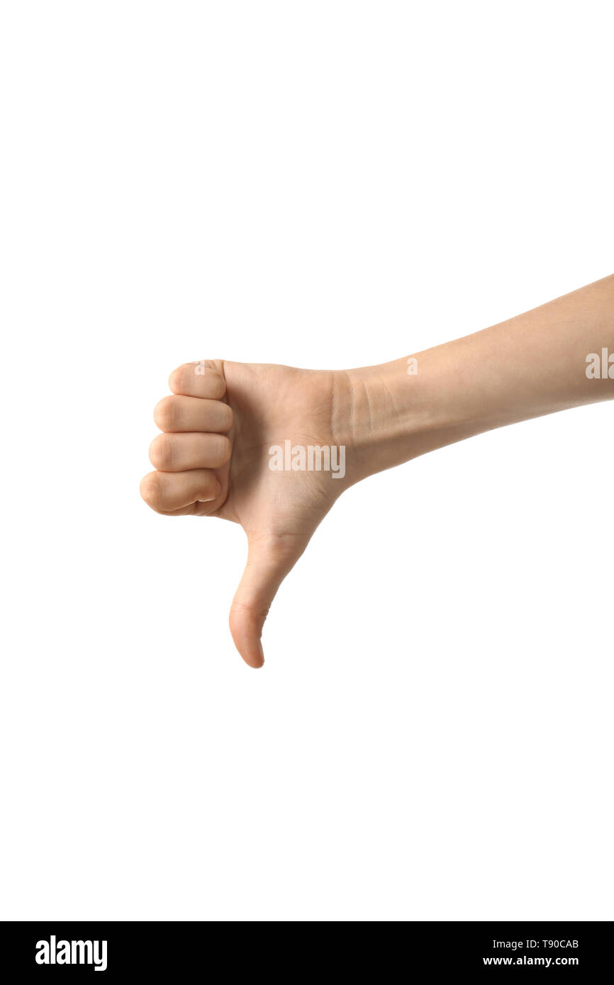 Female hand showing thumb-down gesture on white background Stock Photo ...