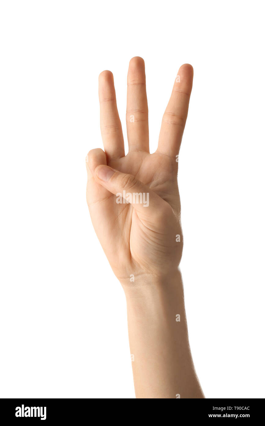 Female hand showing three fingers on white background Stock Photo - Alamy