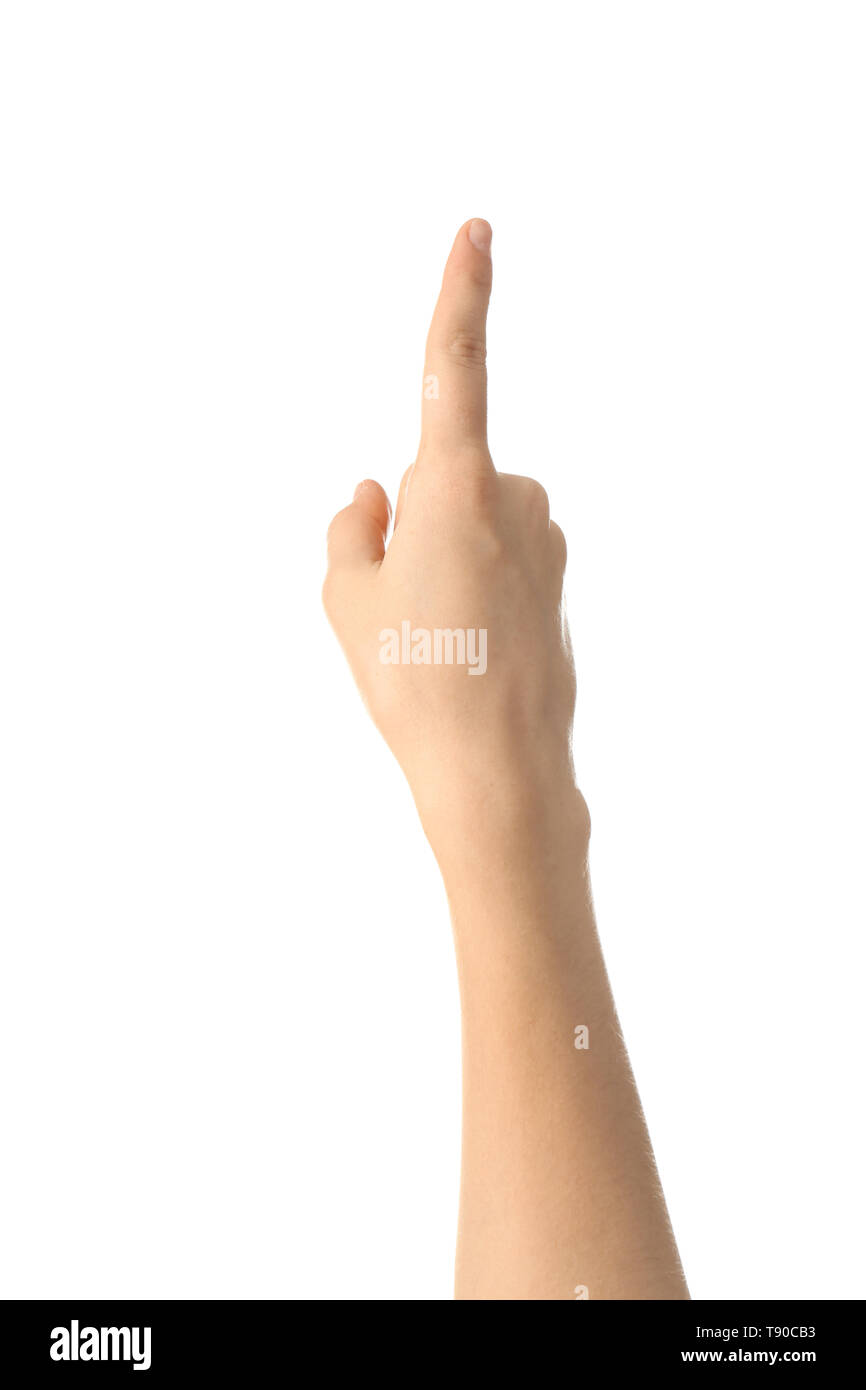 Female hand pointing at something on white background Stock Photo - Alamy