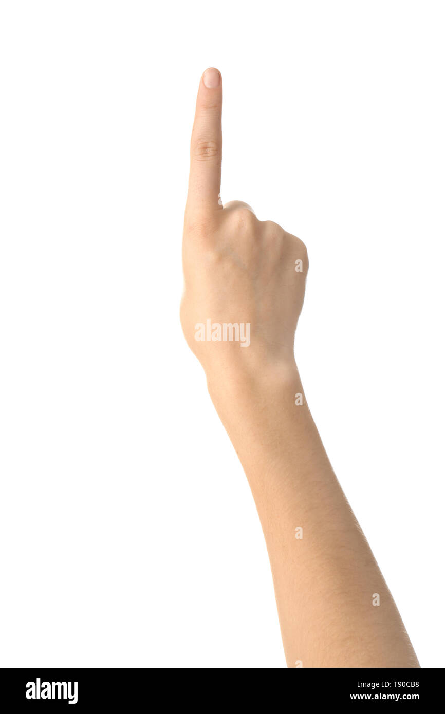 Female hand pointing at something on white background Stock Photo - Alamy