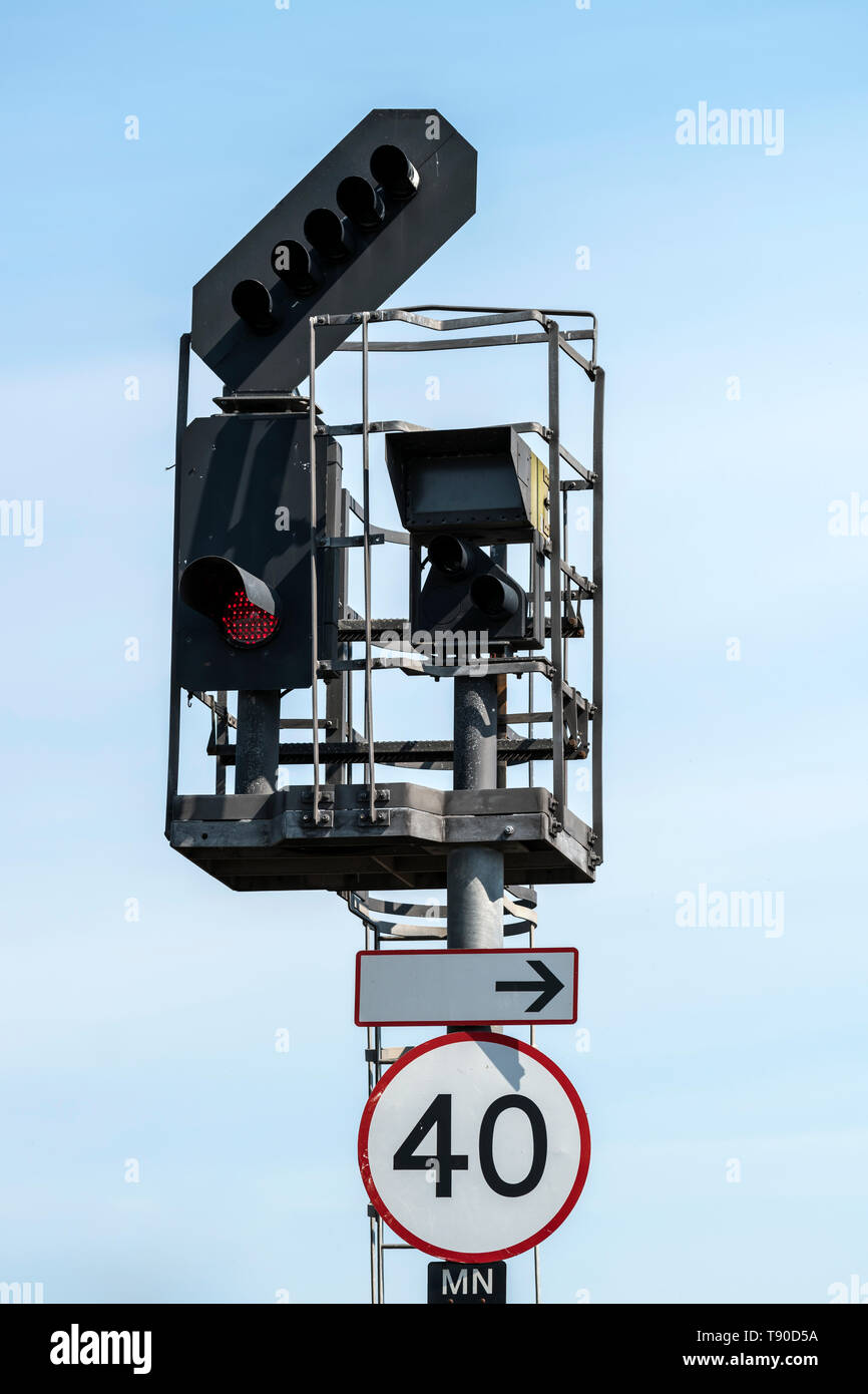 Scottish railway signal showing red just before Montrose station, Angus ...