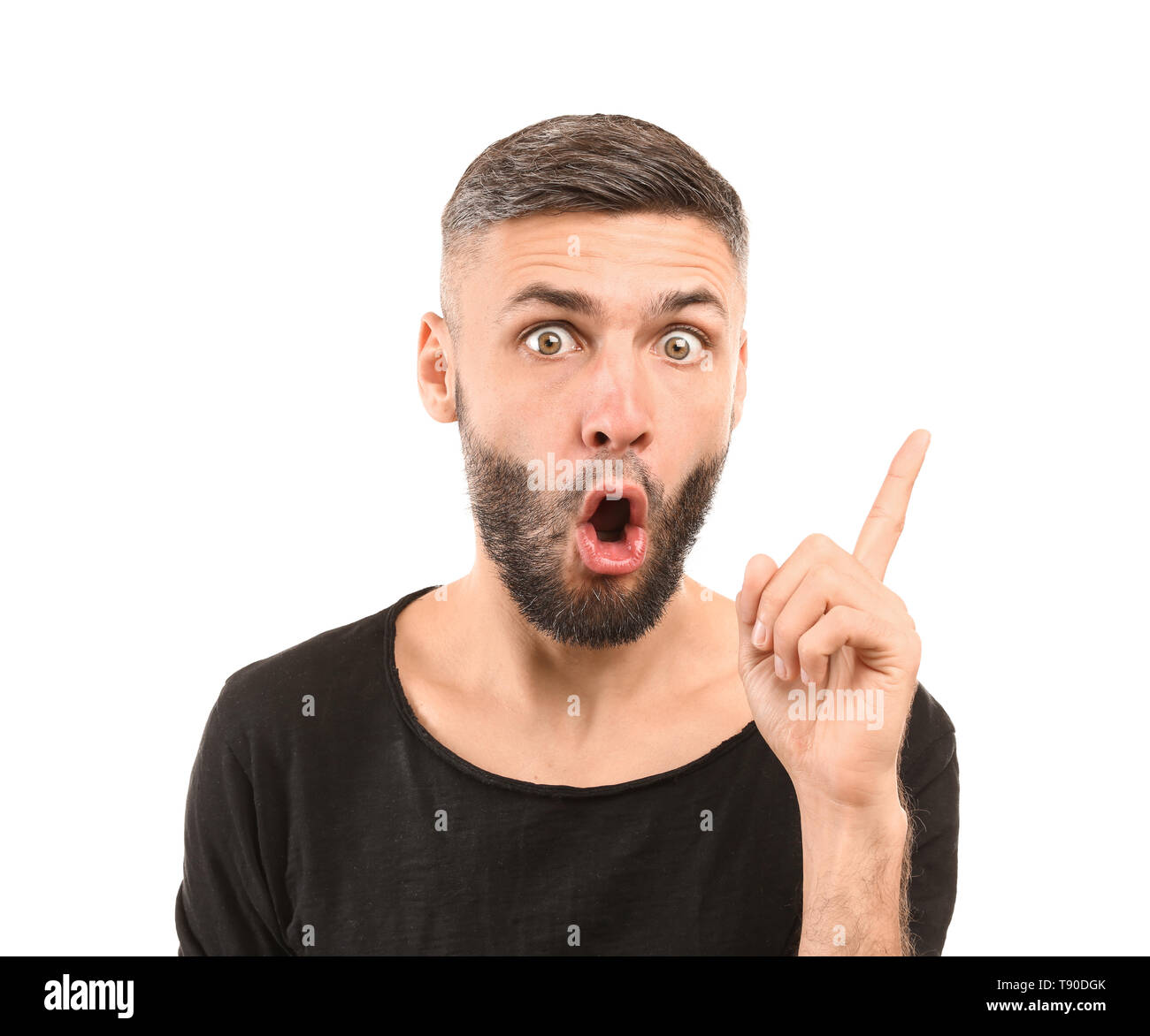 Portrait of man with raised index finger on white background Stock ...
