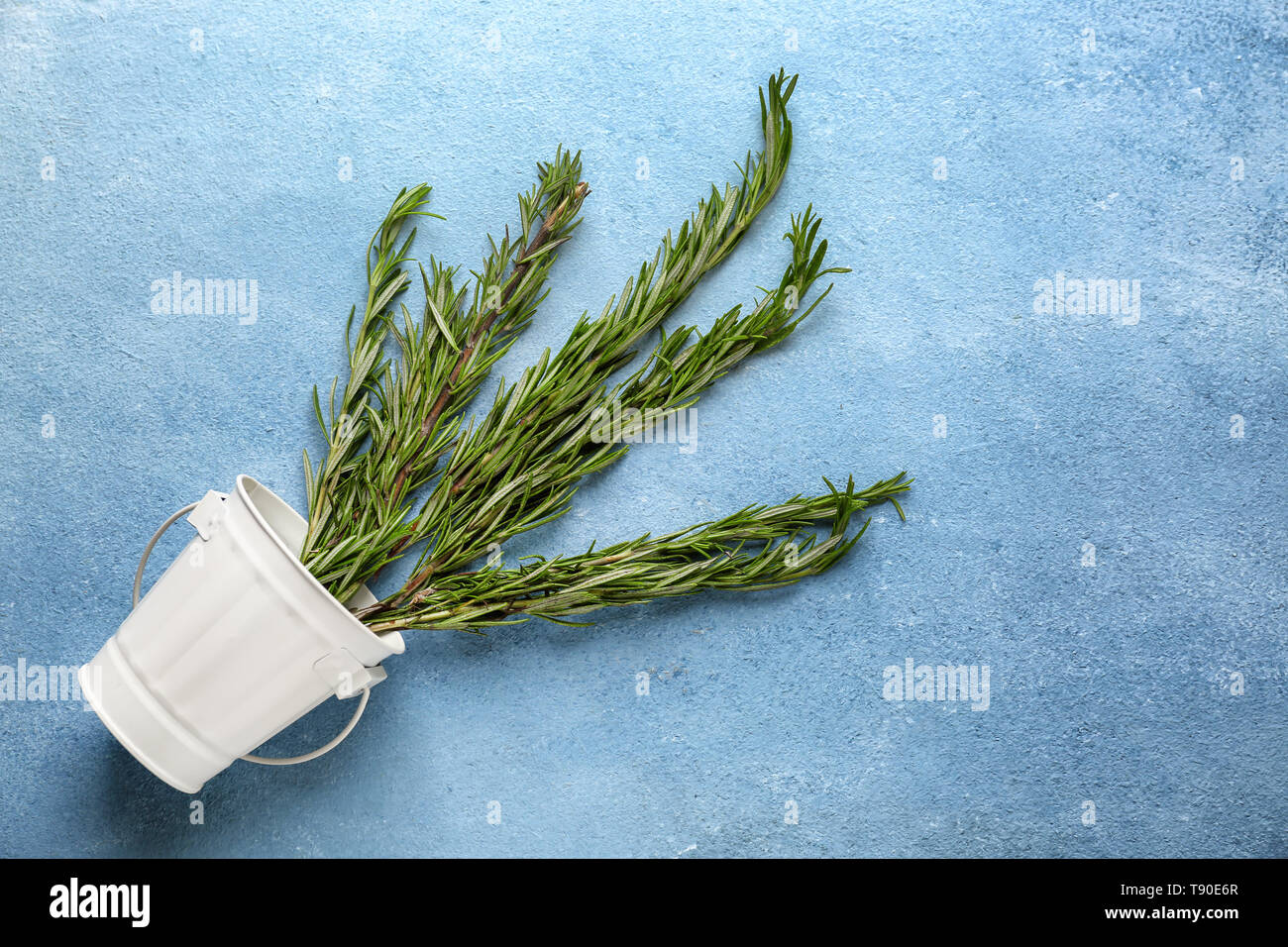 Bucket with fresh aromatic rosemary on color background Stock Photo - Alamy