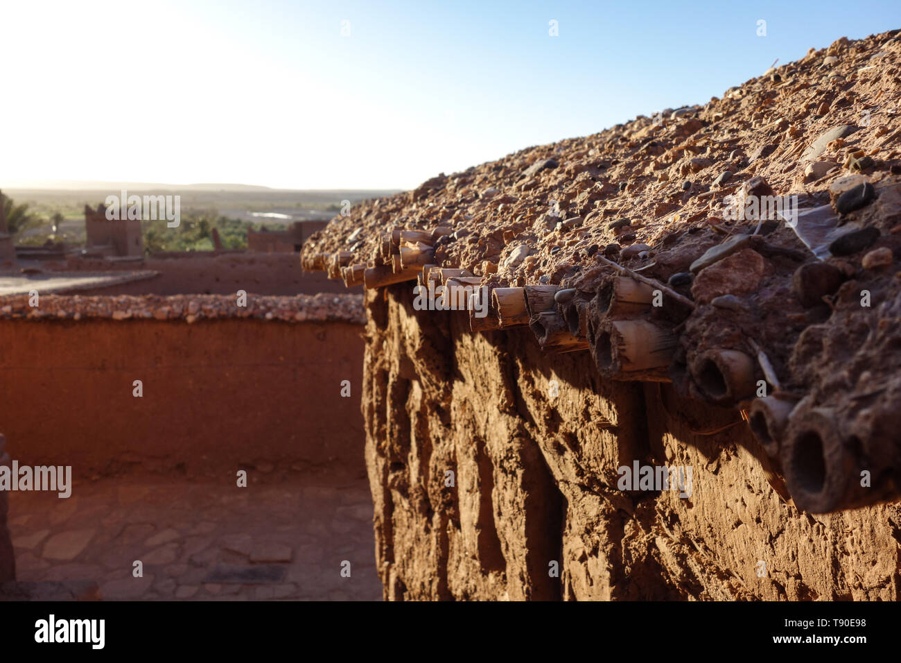 Close-up of a rooftop of a building in the clay kasbah of Ait Ben ...