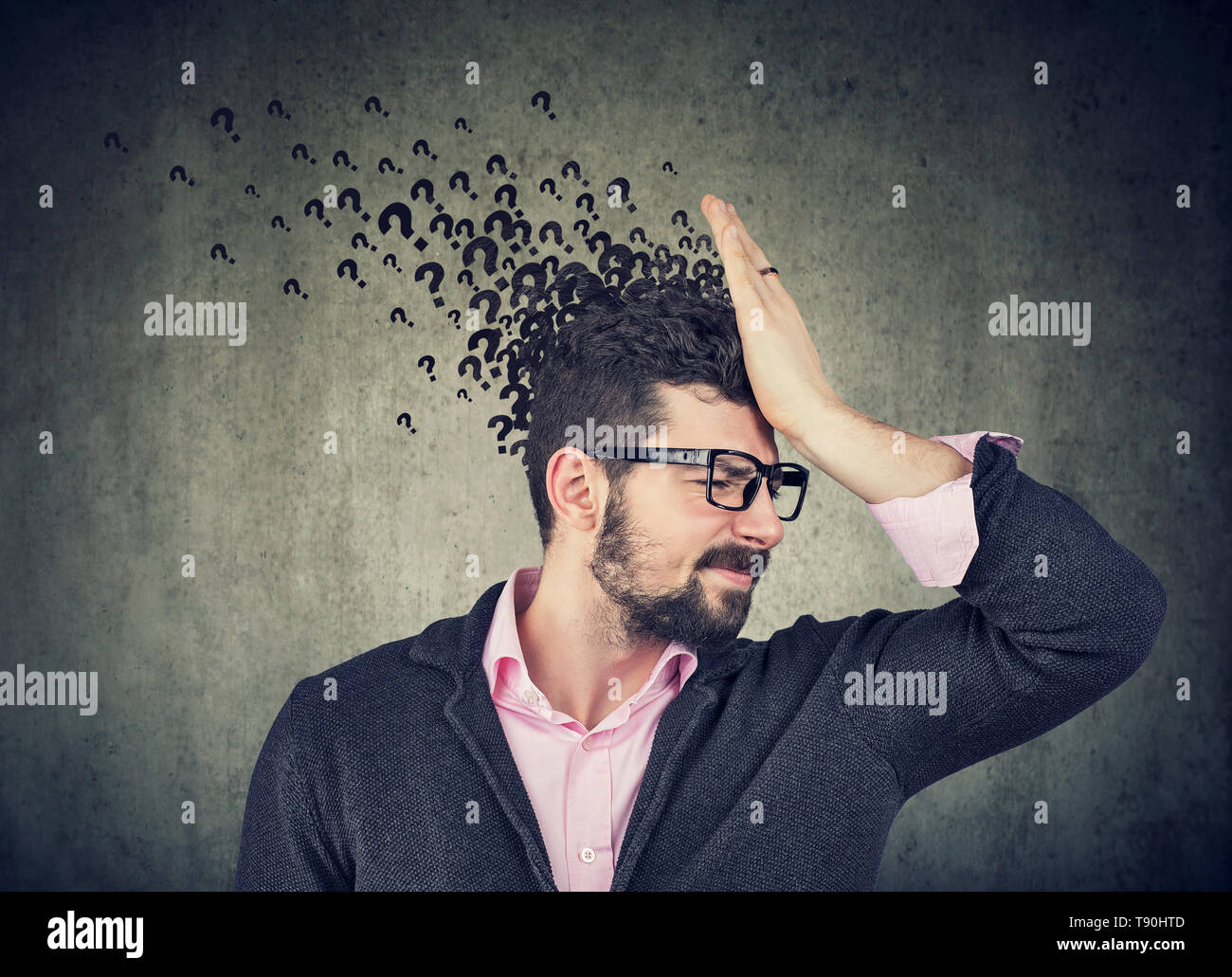 Man with worried stressed face expression and many questions Stock ...