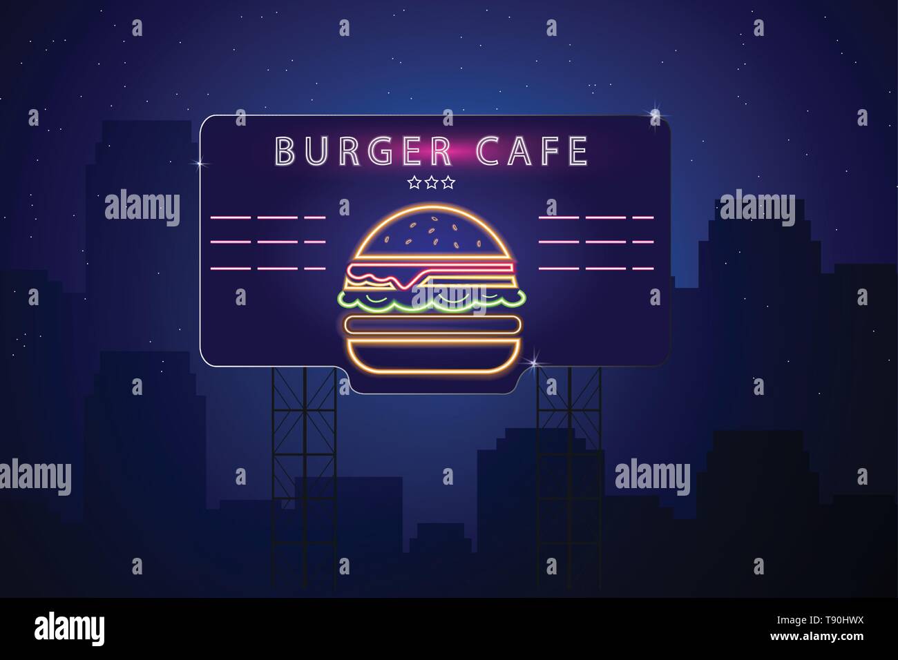 Neon burger Vector poster. Glowing sign dark city background. Fastfood ...