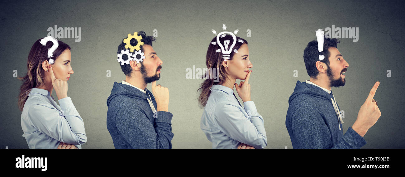 Emotional intelligence. Thoughtful man and woman thinking solving ...
