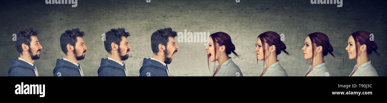 Relationship evolution concept. Young couple, man and woman, fighting ...