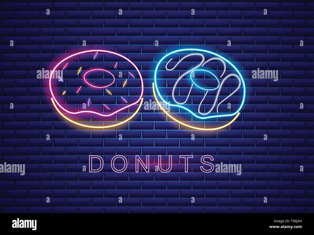 Donuts neon symbols Vector. Glowing sign dark background. Shinning ...