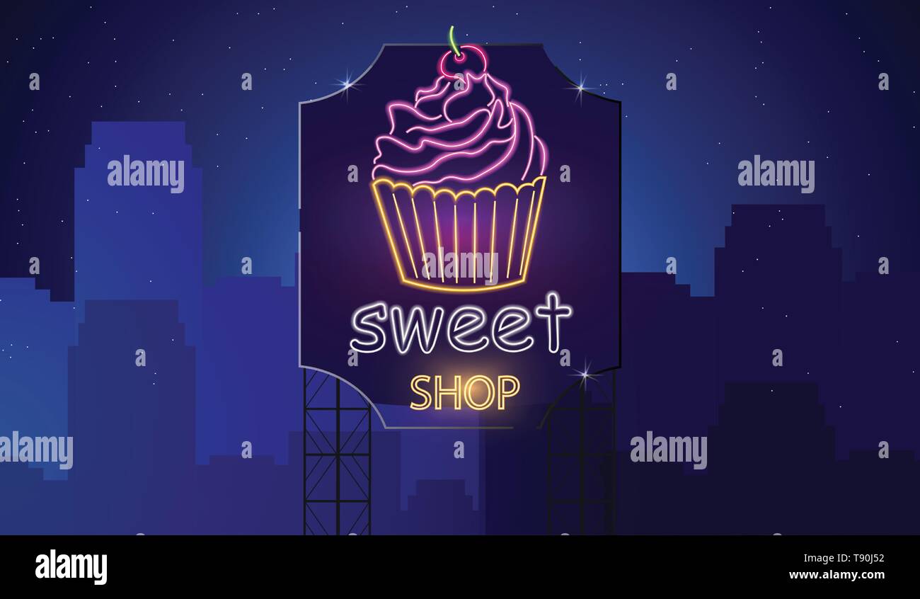 Sweet cupcake neon symbols Vector. Glowing sign dark background ...