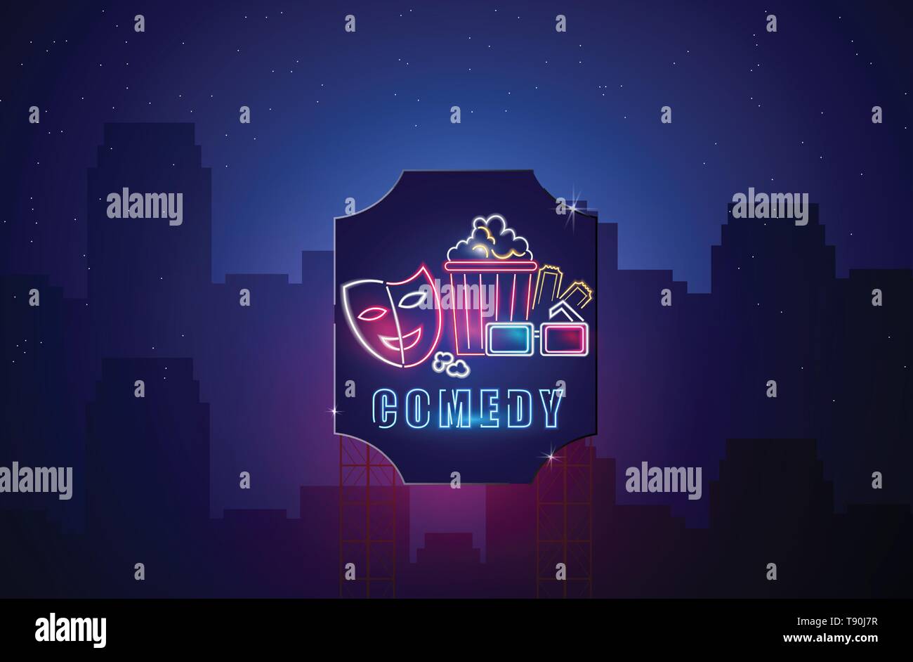 Cinema neon symbols Vector. Glowing sign dark background. Shinning ...