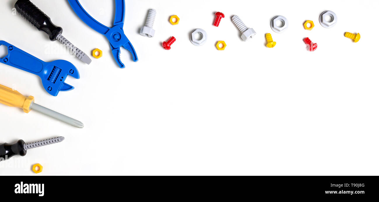 Toys background. Kids toy tools for education on white. Top view Stock ...