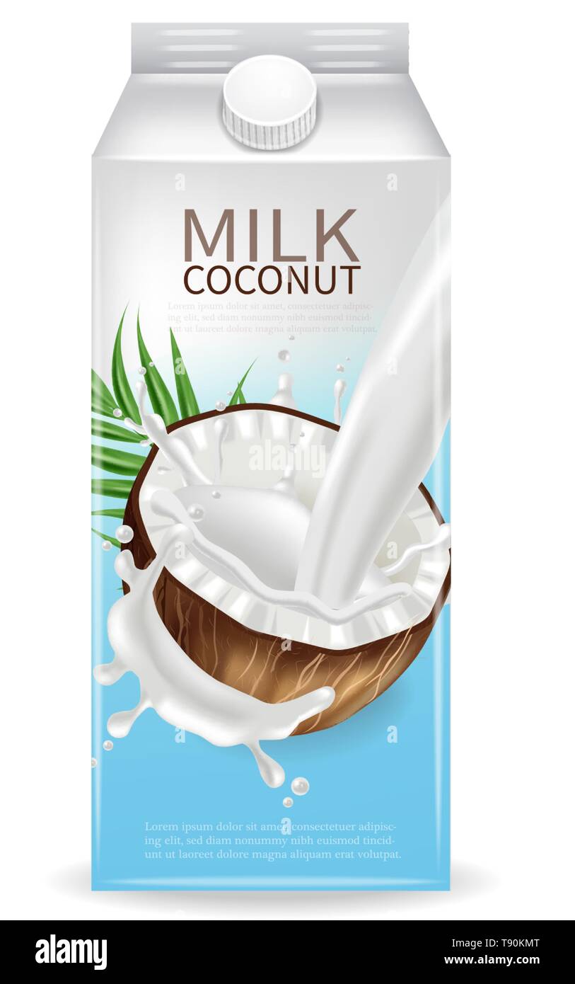 Coconut milk container Vector realistic mock up. Milk splash label ...