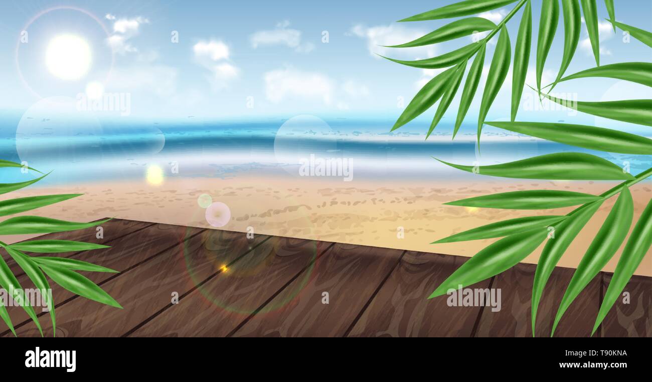 Tropic seaside template Vector realistic background. Exotic palm leaves ...