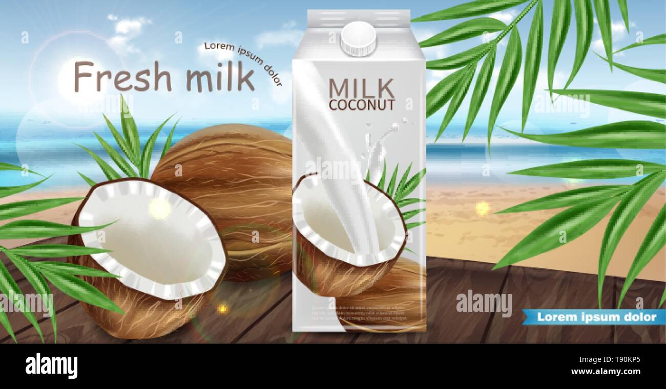 Coconut milk Vector realistic mock up. Milk splash label design. Tropic ...