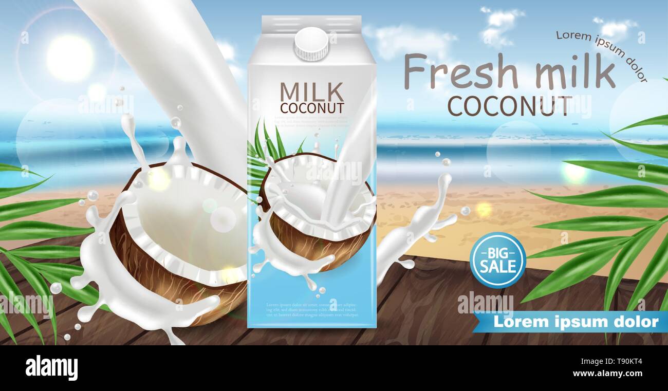Coconut milk Vector realistic mock up. Milk splash label design. Tropic ...