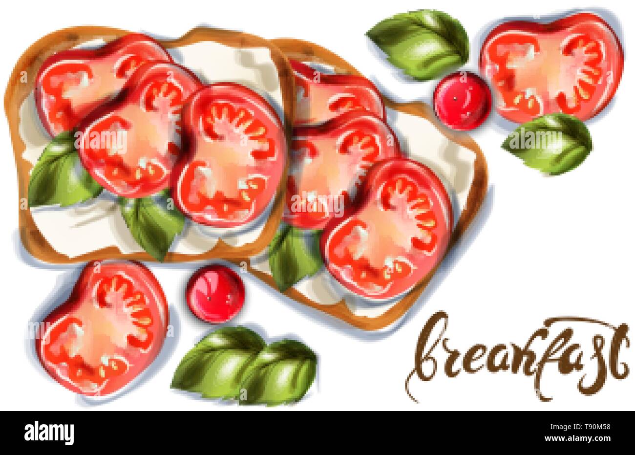 Breakfast toast with goat cheese and cherry tomatoes Vector watercolor ...