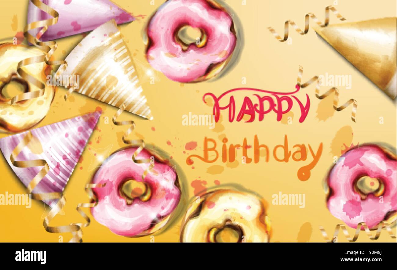 Happy birthday card Vector watercolor. Birthday hats and donuts ...