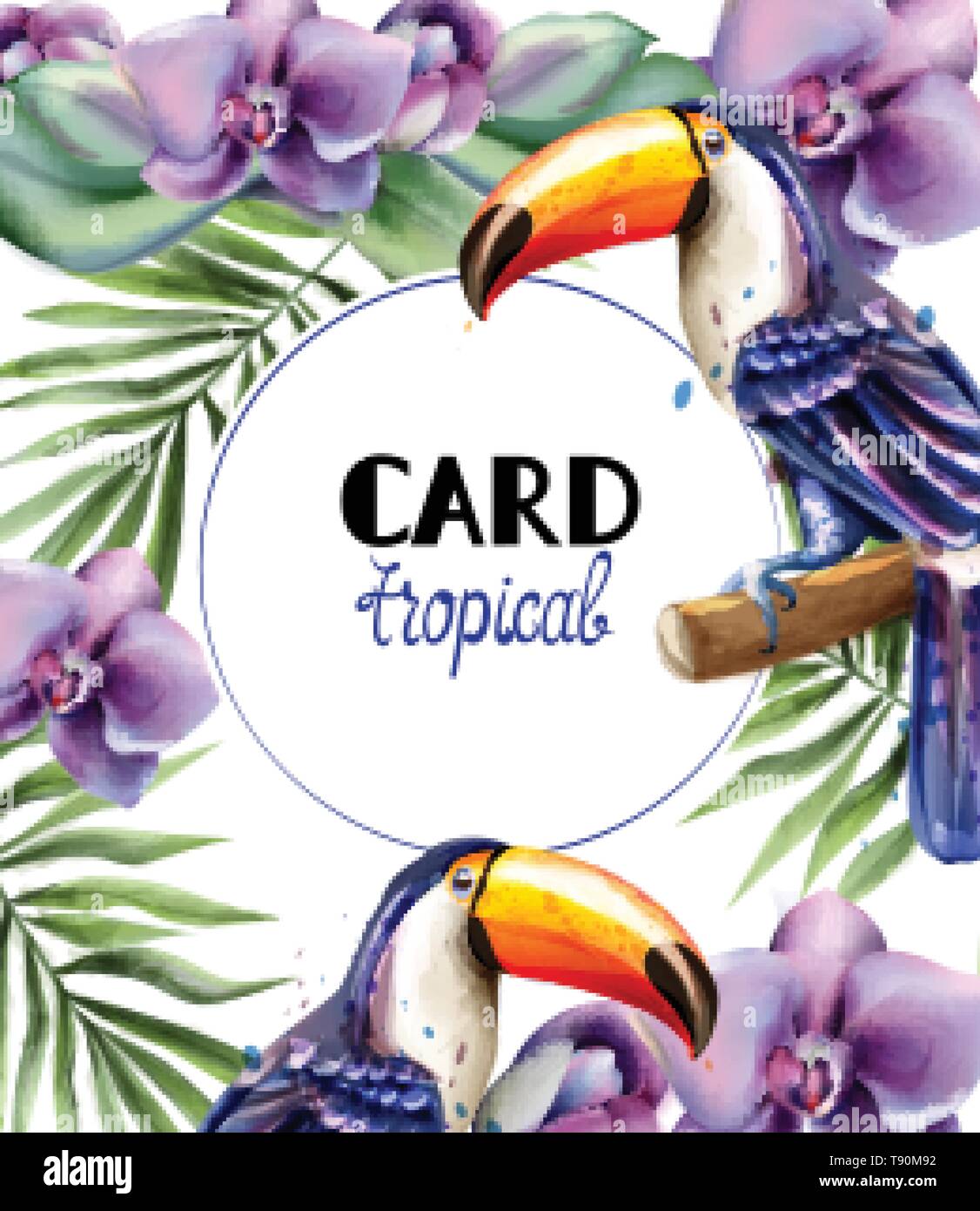 Toucan tropic card Vector watercolor. Exotic summer templates with ...