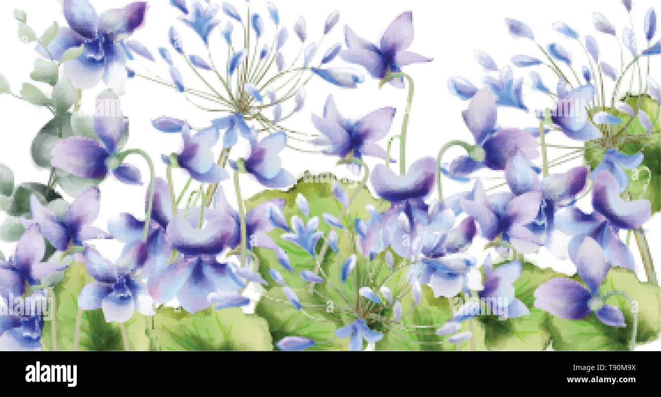 Blue Spring flowers bouquet card Vector watercolor. Spring season ...