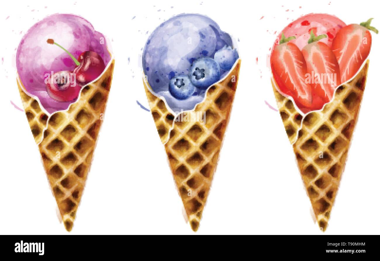 Ice cream cones Vector watercolor. Sweet colorful summer desserts icon ...