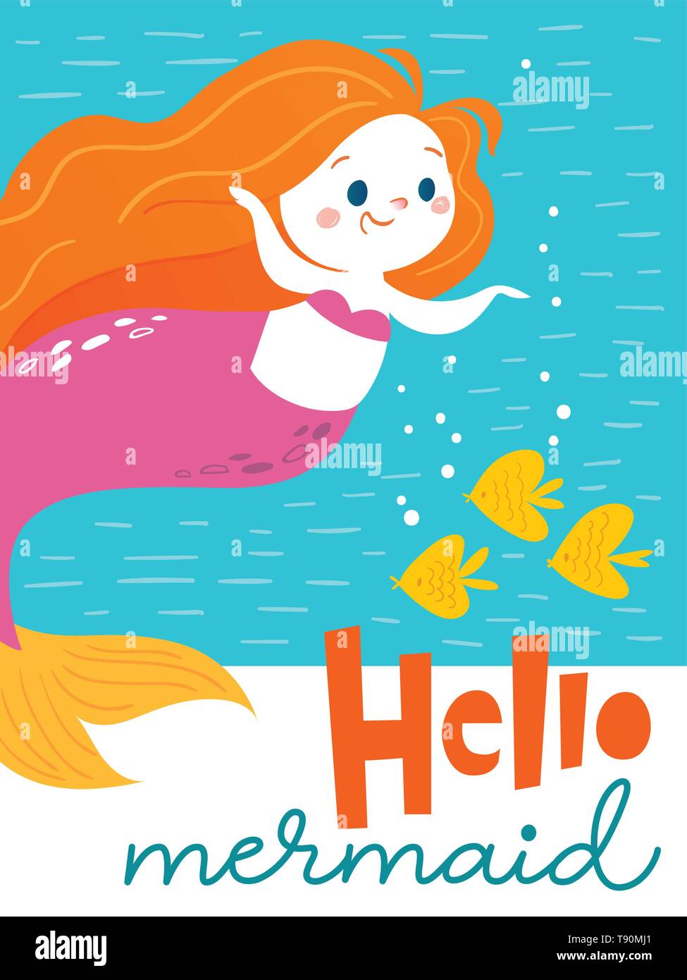Vector birthday card with cartoon mermaid character and three litttle ...